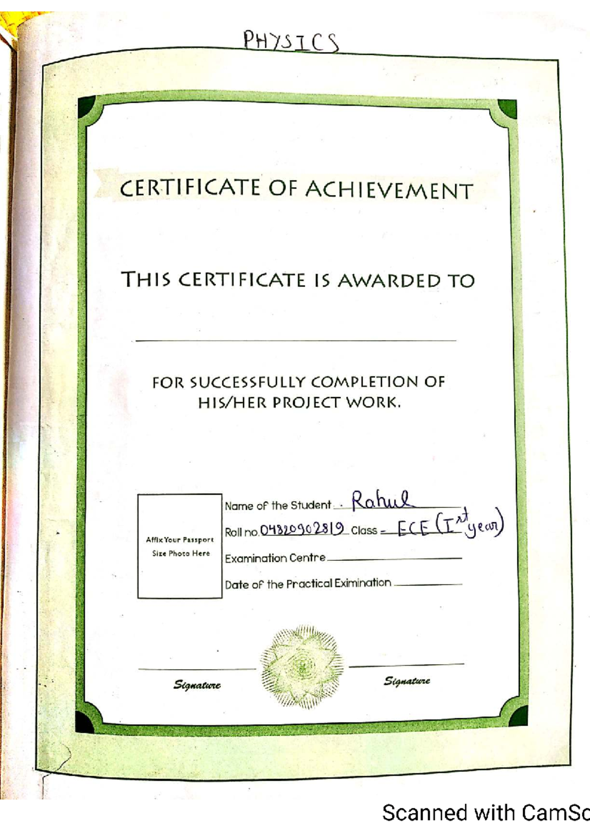 PHYSICS ECE 1st Year Project Work Certificate and Experiments - Studocu