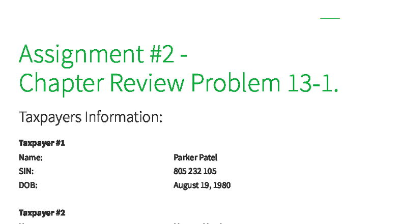 Assignment #2 Chapter Review Problem 13-1 CA - Taxpayer Information Analysis - Studocu