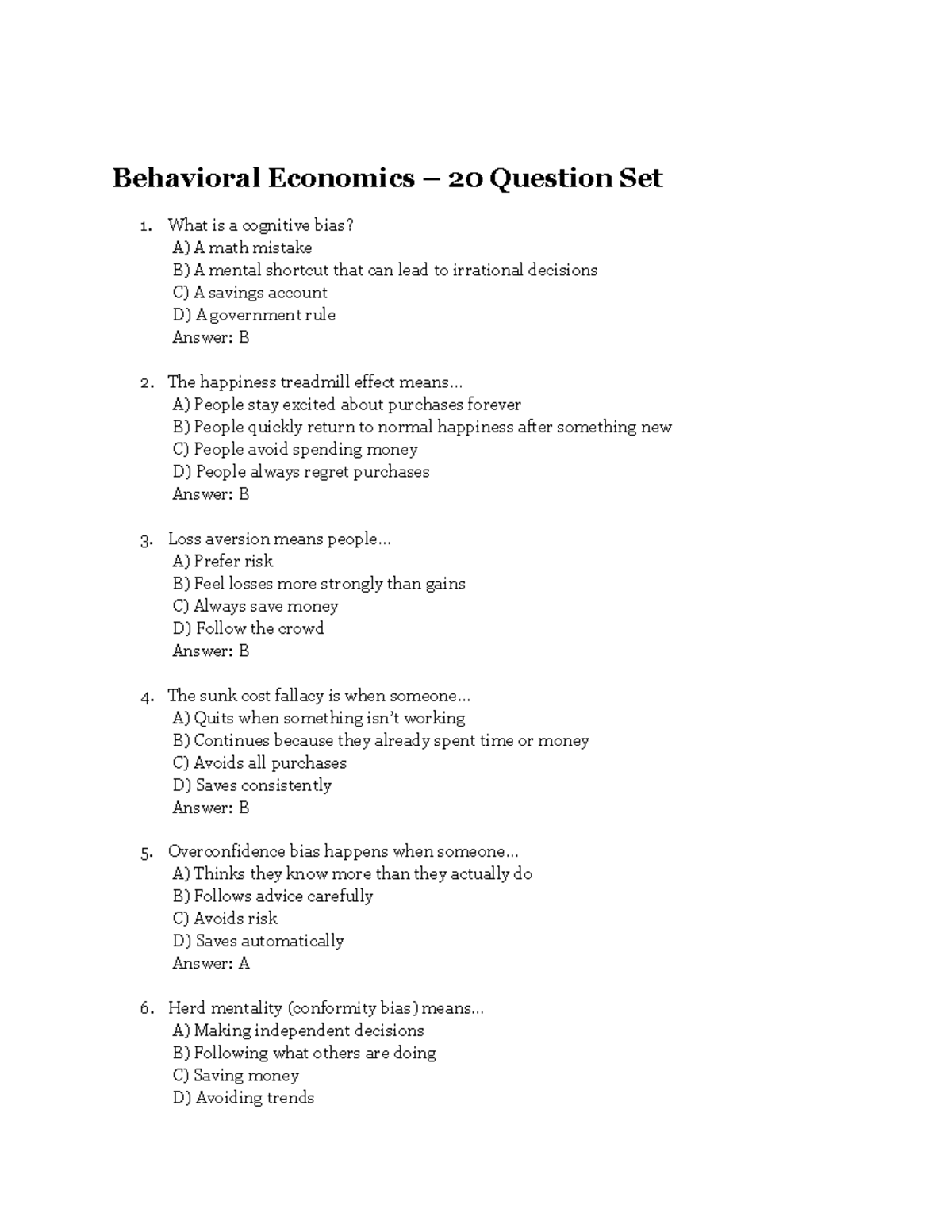 Behavioral Economics 20 Quiz Questions and Answers - Studocu
