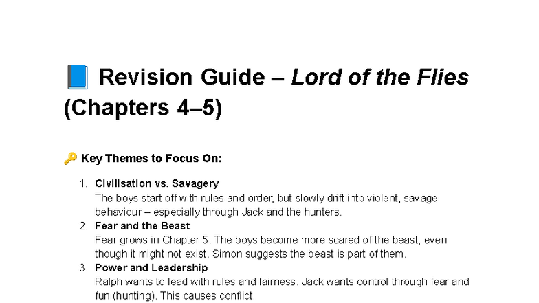 Revision Guide – Lord of the Flies (Key Themes in Chapters 4-5) - Studocu