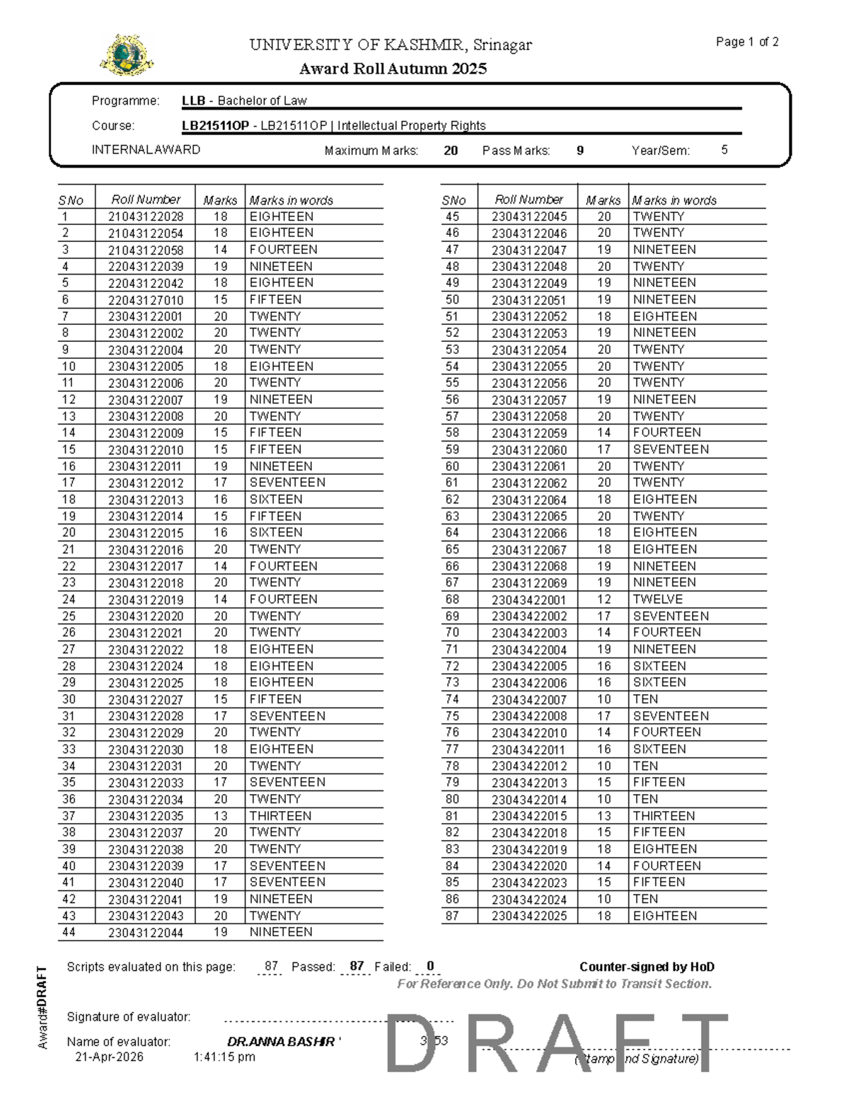 LLB LB21511OP Draft Internal Award List - Autumn 2025 - Studocu