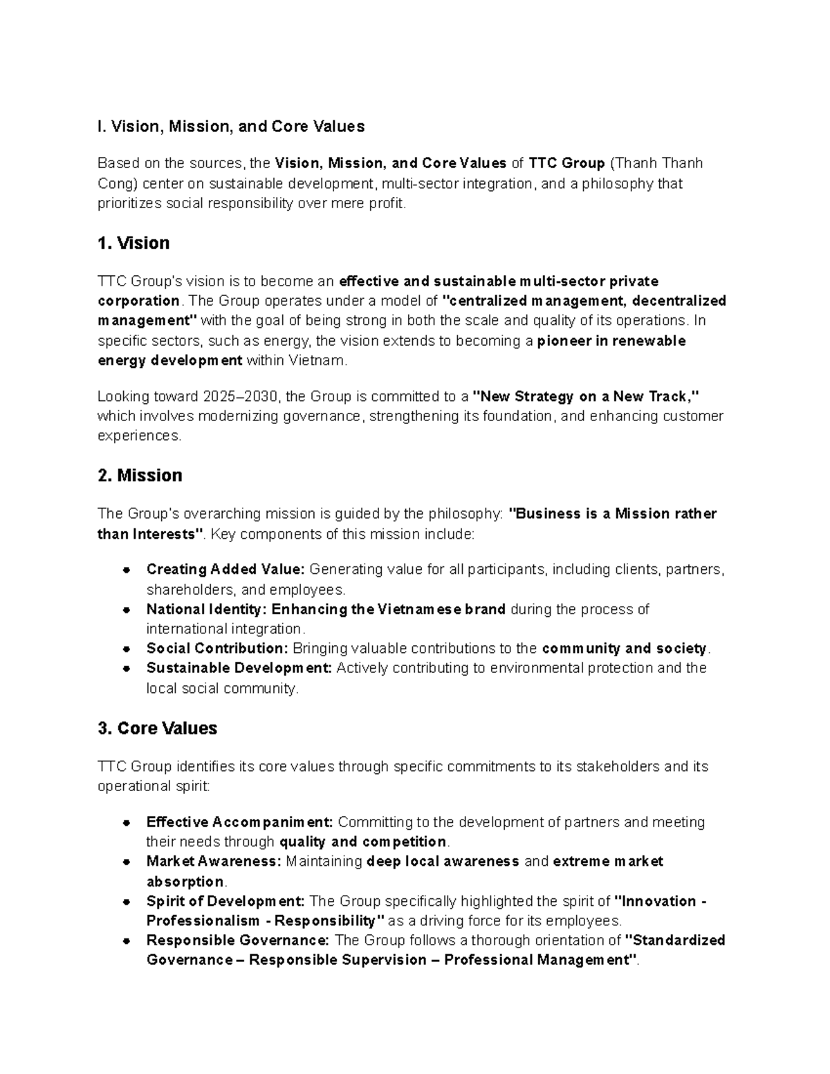 I. Vision, Mission, and Core Values of TTC Group: A Sustainable Approach - Studocu
