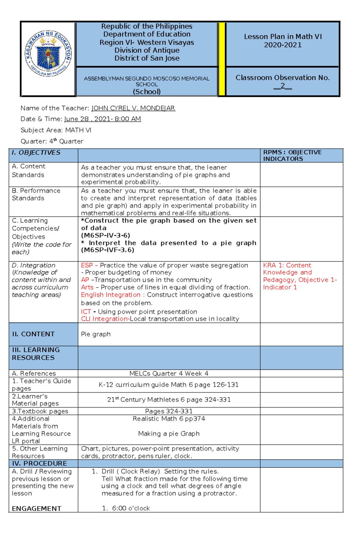 2nd COT Math 6 - Lesson Plan on Pie Graphs & Experimental Probability - Studocu