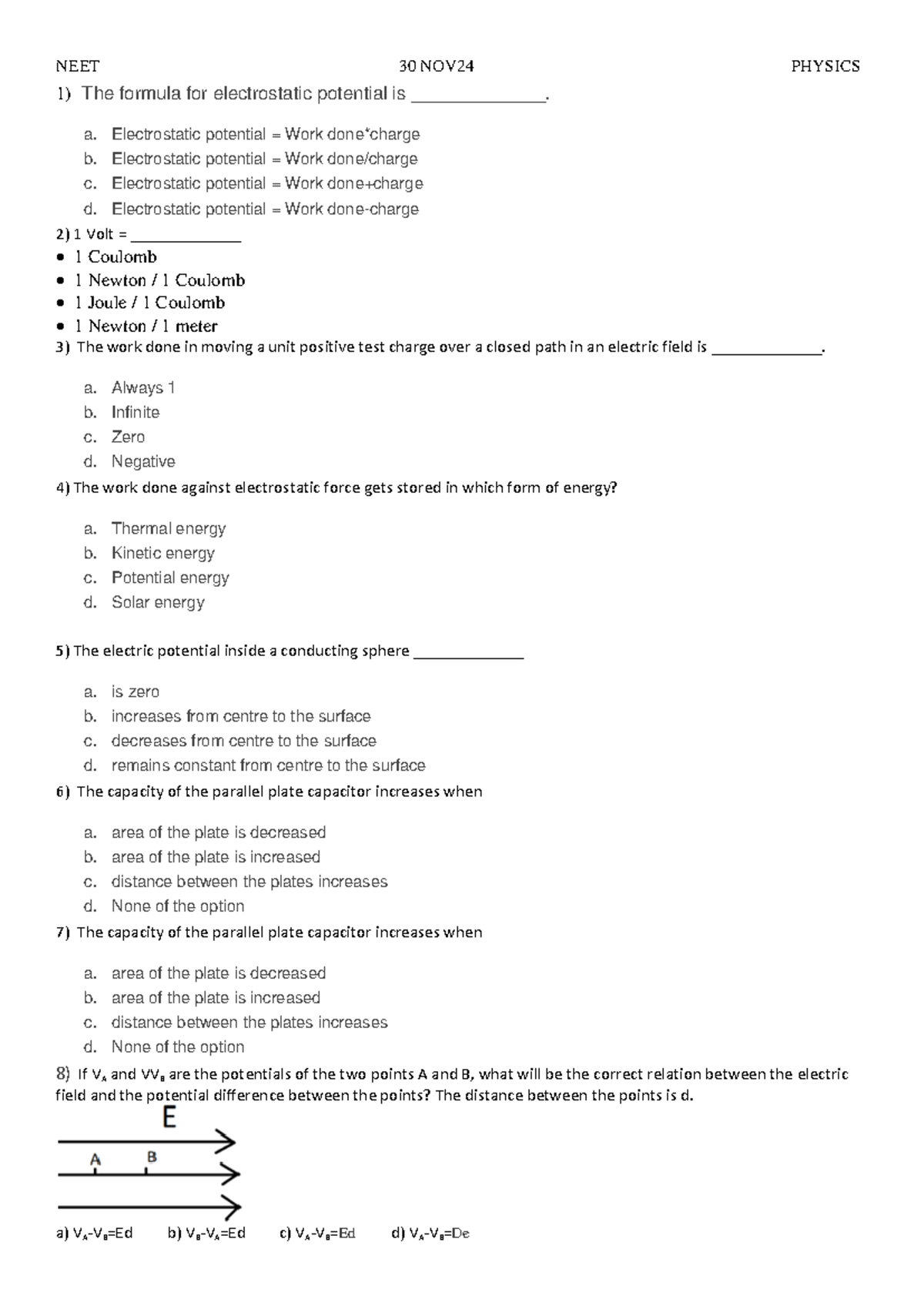 NEET 30 NOV24 PHYSICS Tutorial Work: Key Concepts and Formulas - Studocu