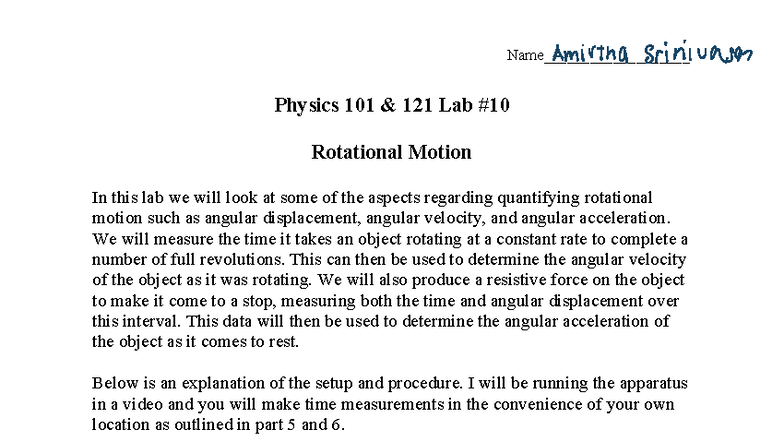 Lab #10: Rotational Motion in Physics 101 121 - Studocu