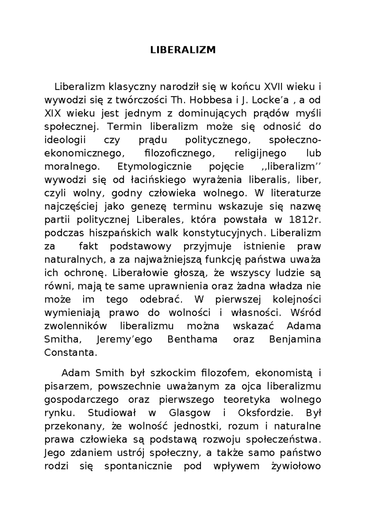 Liberalizm: Klasyczne Teorie i Myśli Filozoficzne - Studocu