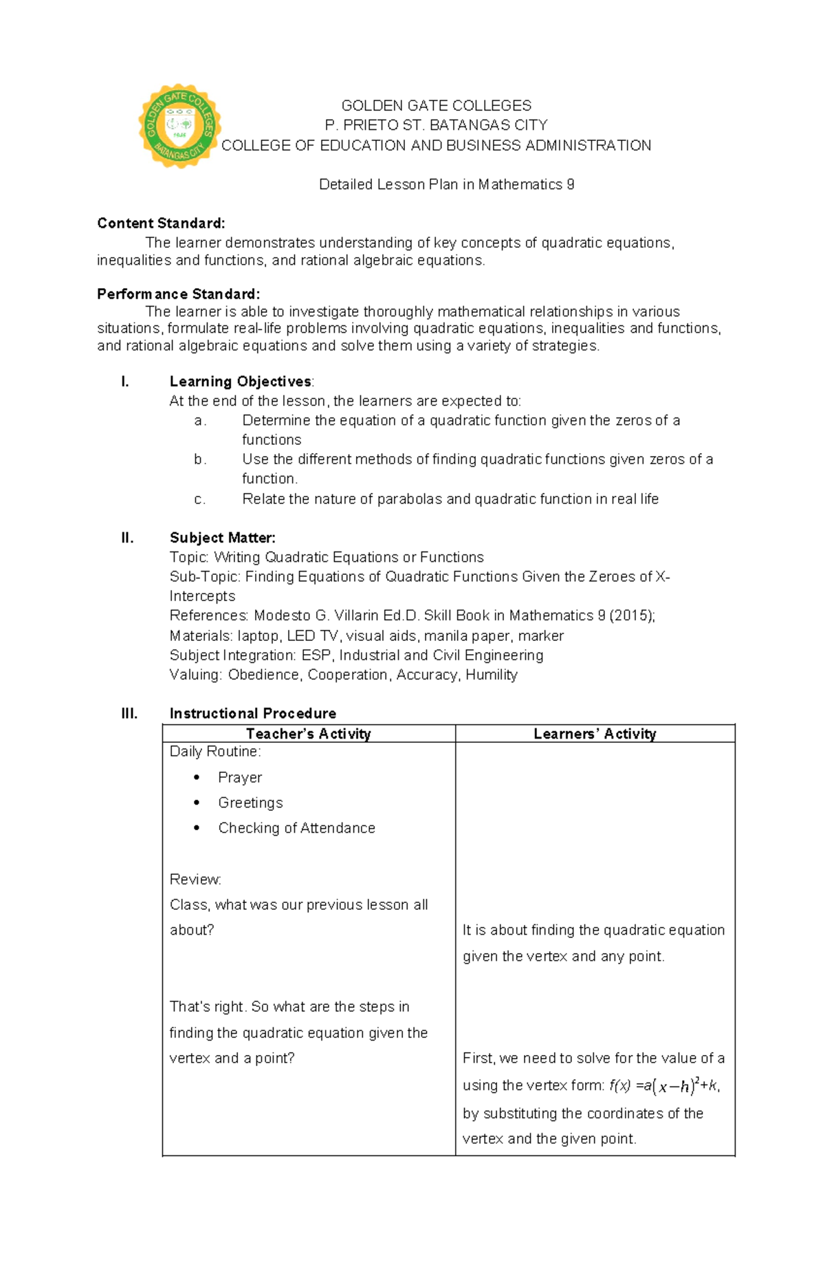 Detailed Lesson Plan in Math 9: Quadratic Functions & Equations - Studocu