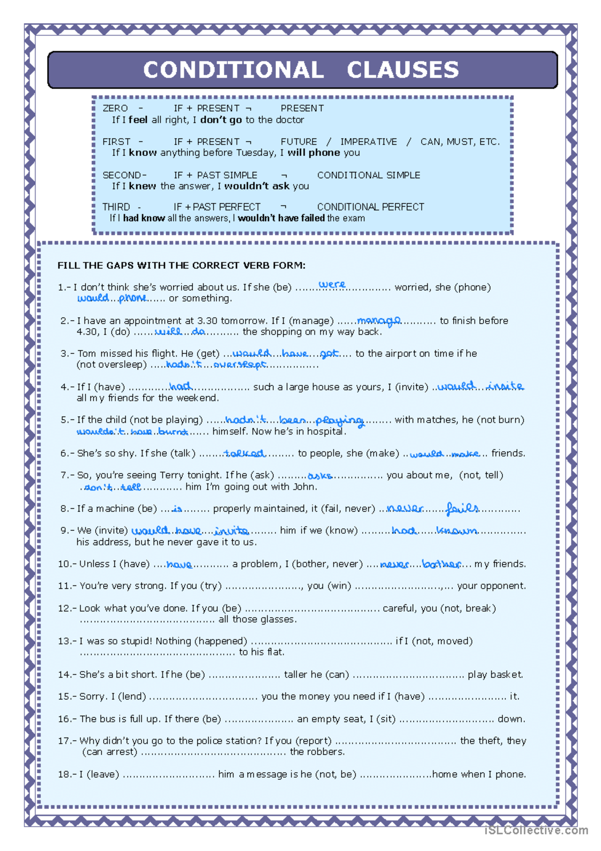 Conditional Clauses - Actividades - CONDITIONAL CLAUSES FILL THE GAPS ...
