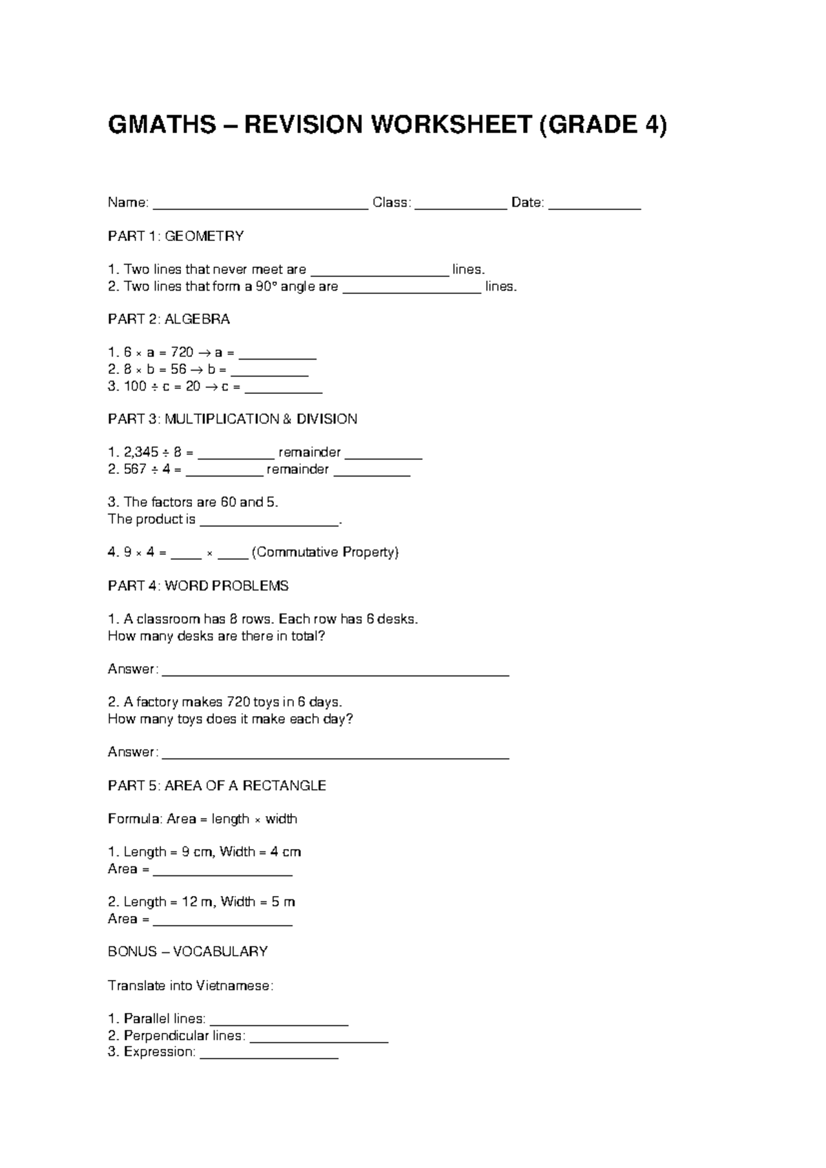GMaths Revision Worksheet (Grade 4) - Geometry, Algebra & More - Studocu
