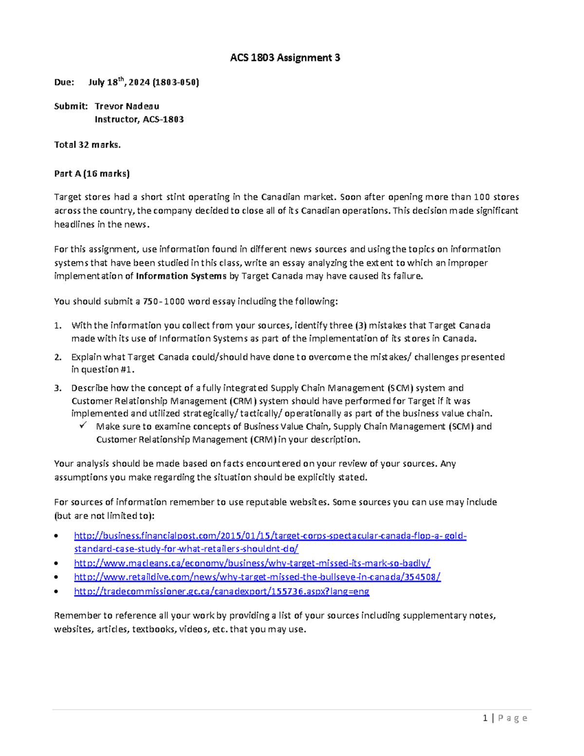 Assignment 3 Analysis: Target's Canadian Market Failure (ACS 1803-050 ...