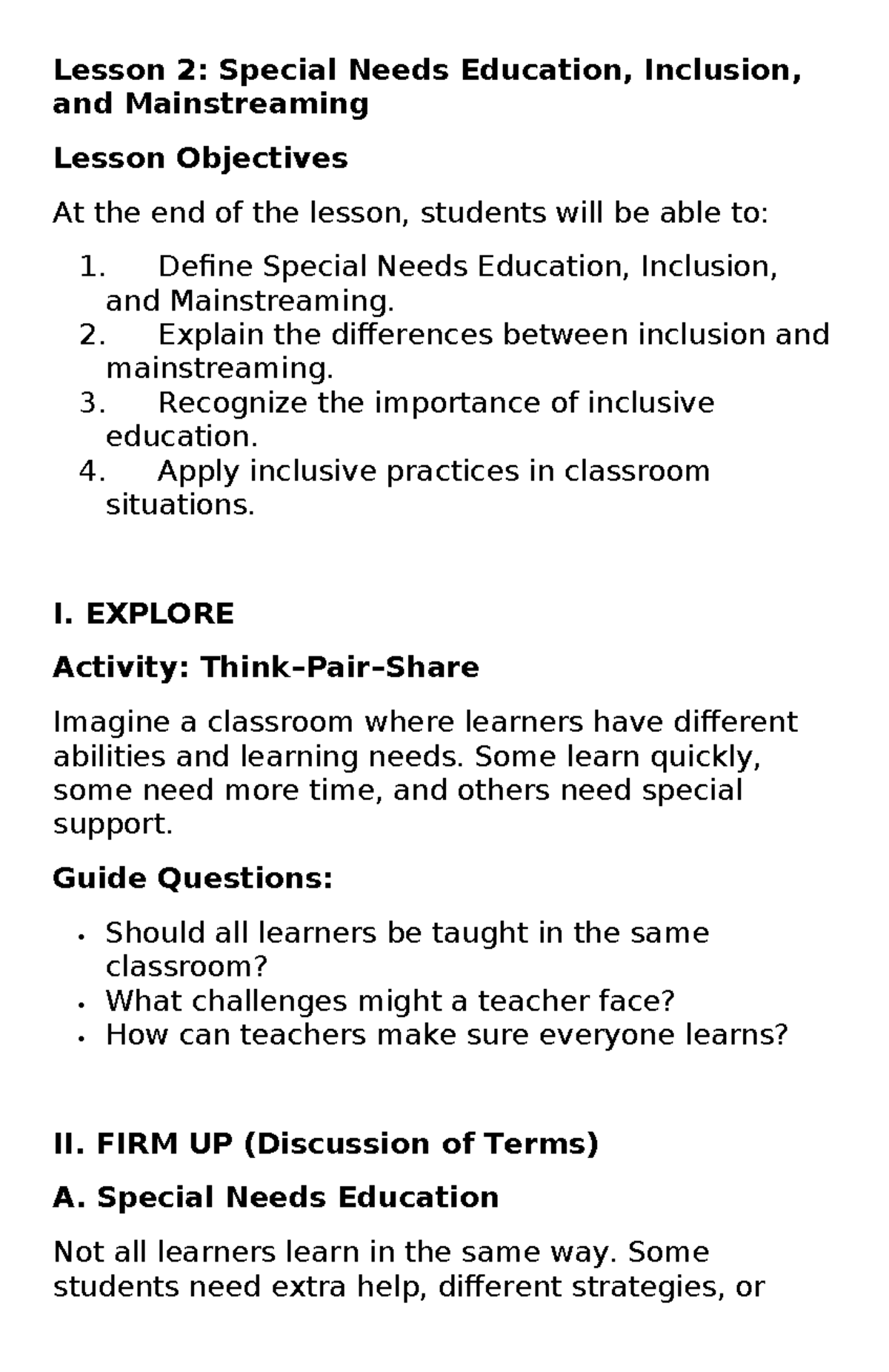 Lesson 2: Special Needs Education & Inclusion in EDUC 9 - Studocu
