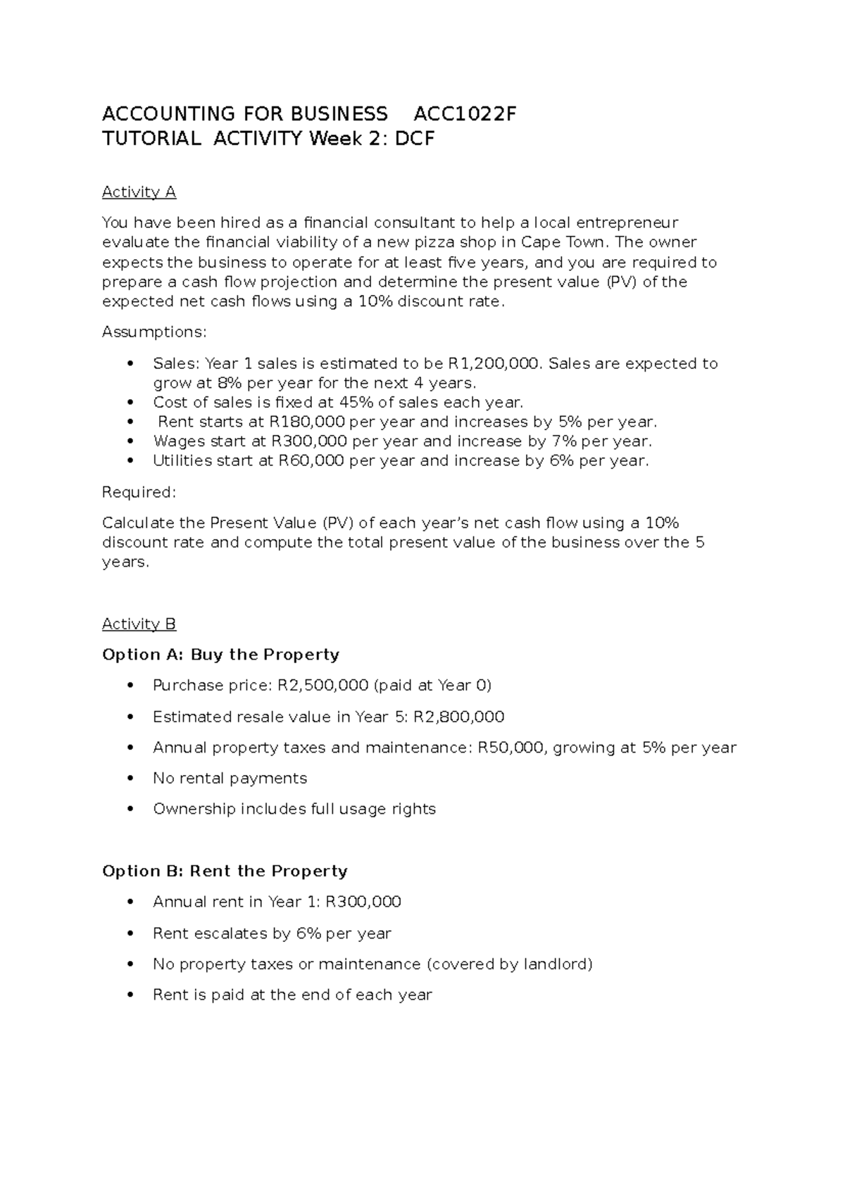 ACCOUNTING FOR BUSINESS ACC1022F TUTORIAL ACTIVITY Week 2: DCF Analysis ...