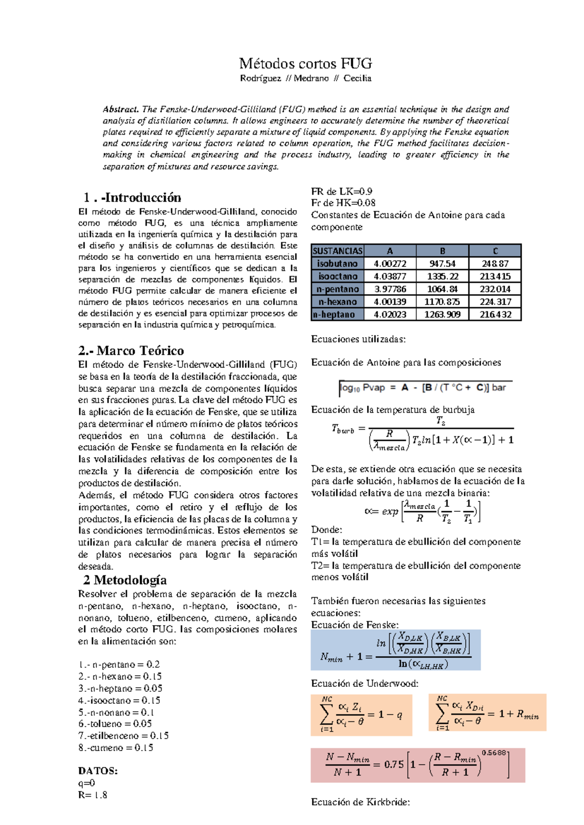 Métodos Cortos FUG para la Separación de Mezclas en Ingeniería Chem 2P2 ...