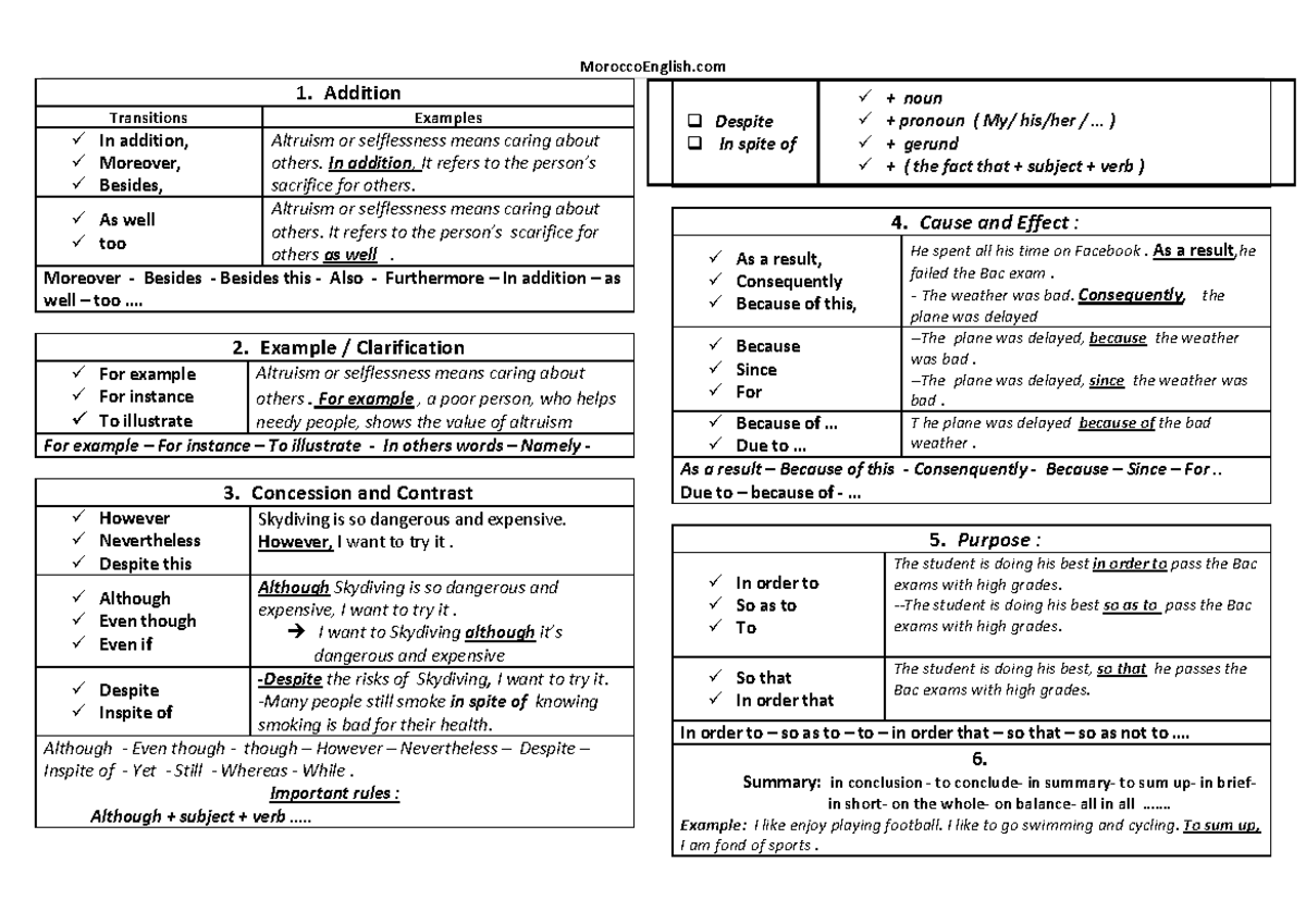 Linkers and Transition Words Summary for English Class - Studocu