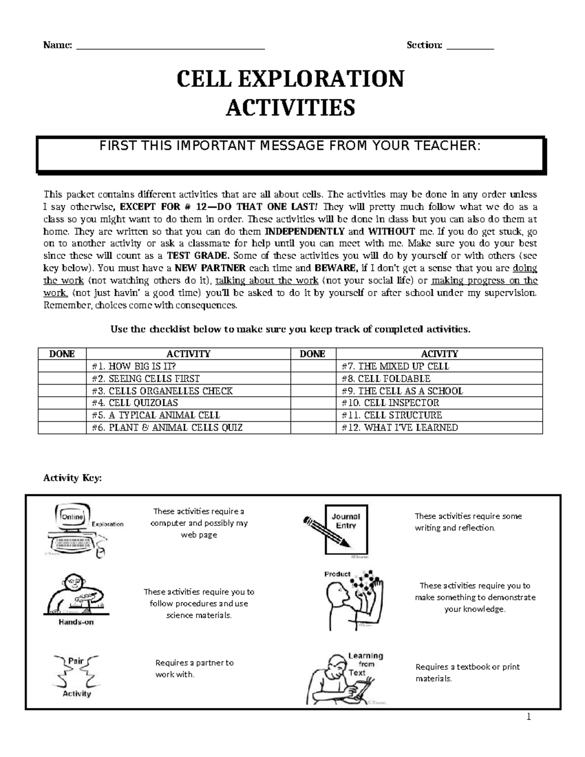 Cells exploration activities - FIRST THIS IMPORTANT MESSAGE FROM YOUR ...
