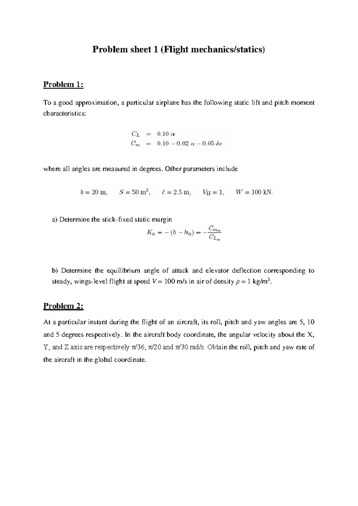 Flight Mechanics Problem Sheet 1 (Aero Engr 101) - Studocu