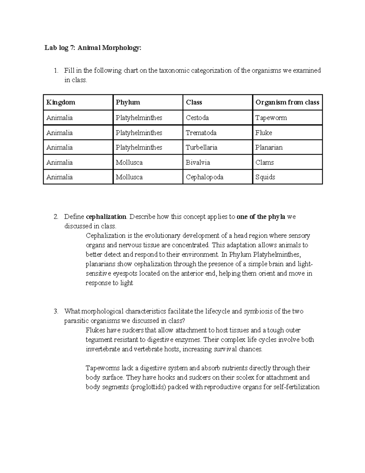 Lab Log 7: Animal Morphology - Taxonomy & Characteristics Analysis ...