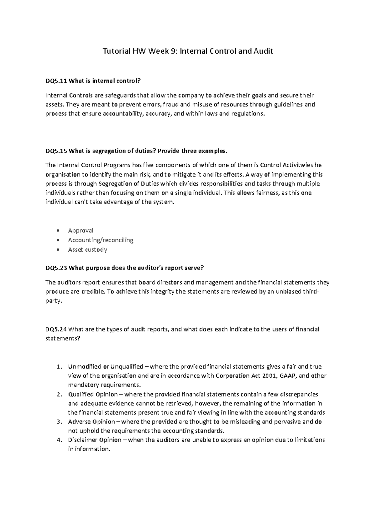 Week 9 Tutorial Notes: Internal Control & Audit Concepts - Studocu
