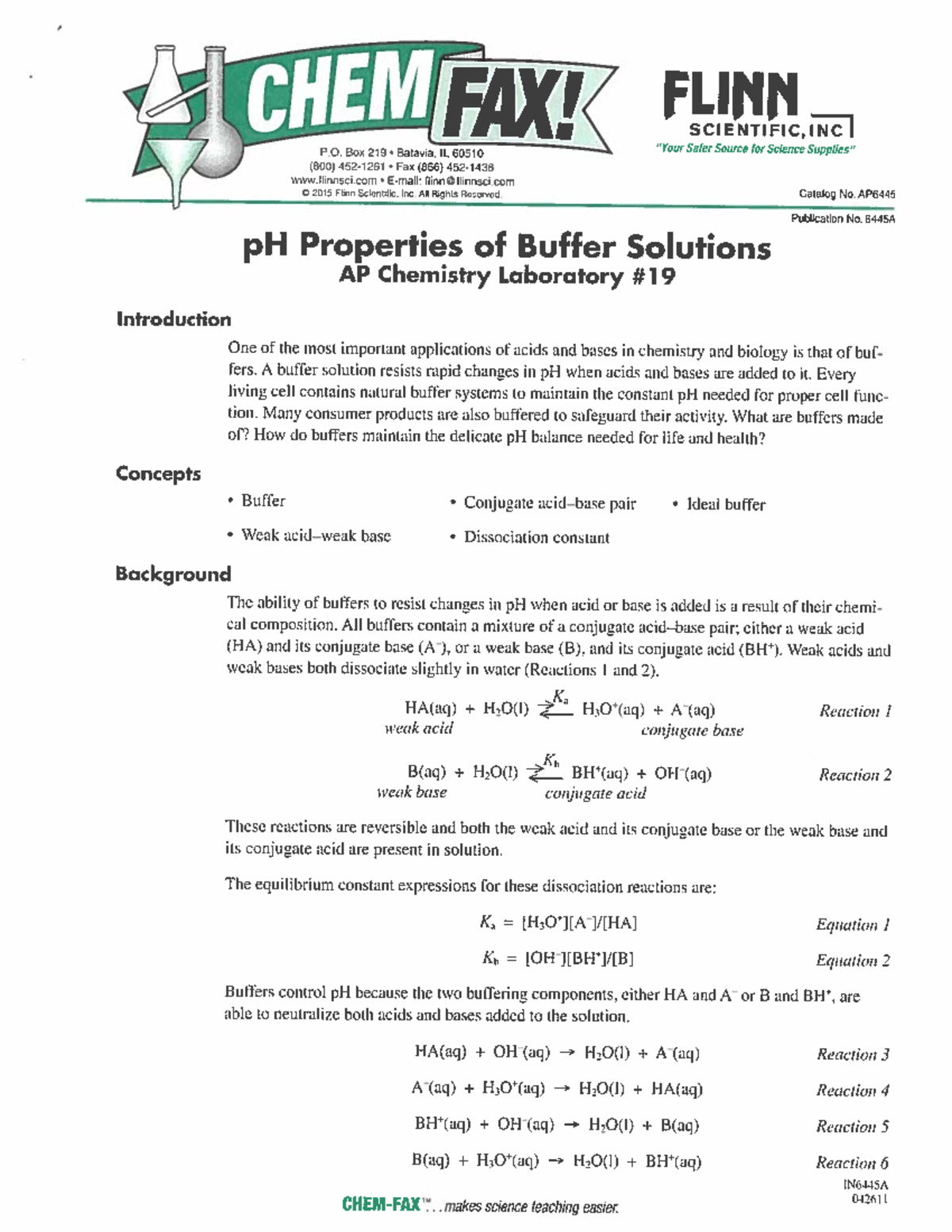 ph properties of buffer solutions - CHEMFAX! FLINN SCIENTIFIC, INC P. Box 219 Batavia, IL 60510 ...