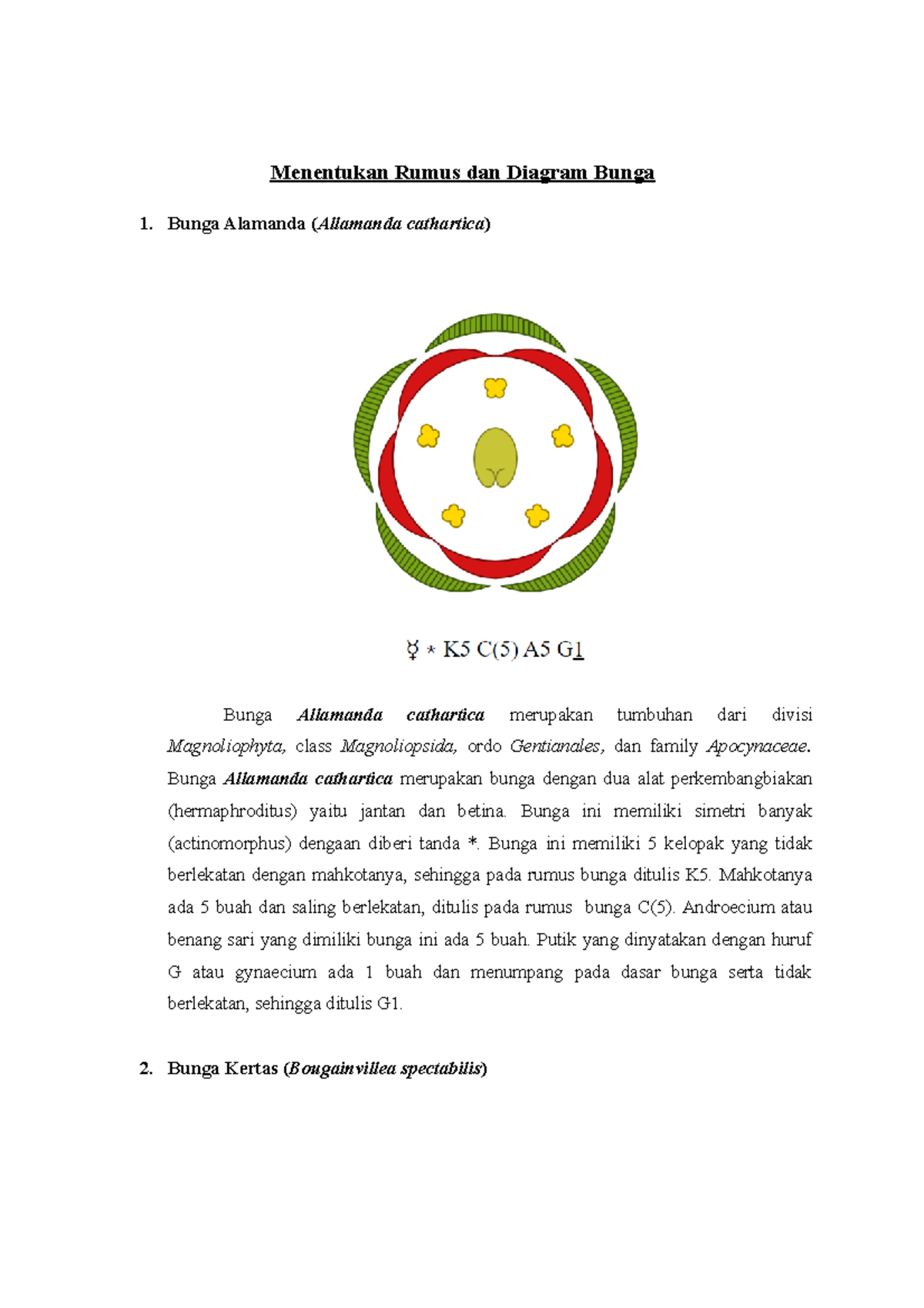 Rumus dan Diagram Bunga untuk Tumbuhan Alamanda dan Kertas - Studocu