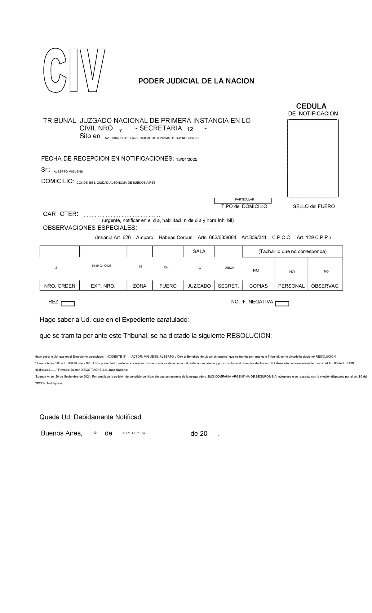 Cedula FORM Civil PJN Cedula notificacion 1 - PODER JUDICIAL DE LA ...