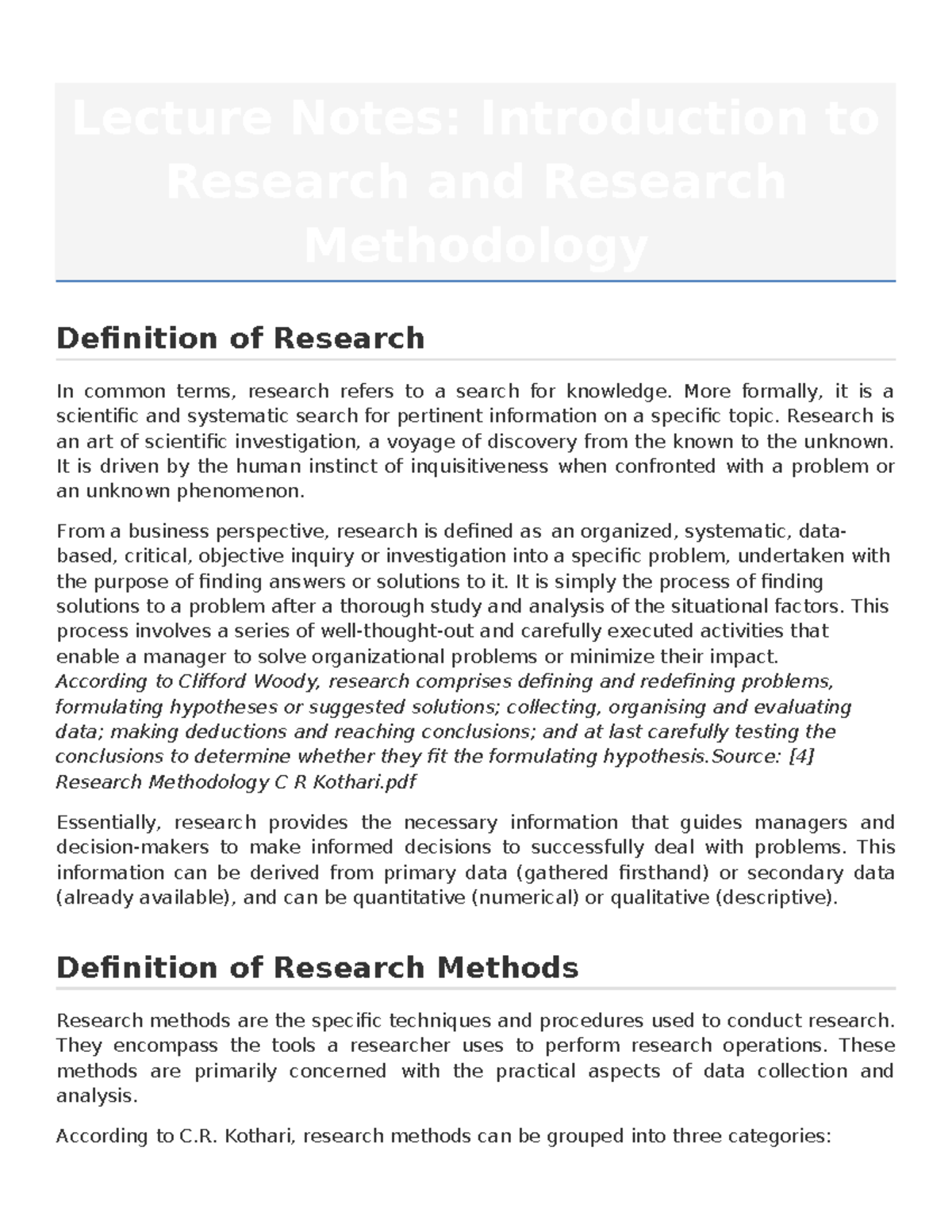 Lecture Notes: Intro to Research & Methodology (CR 101) - Studocu