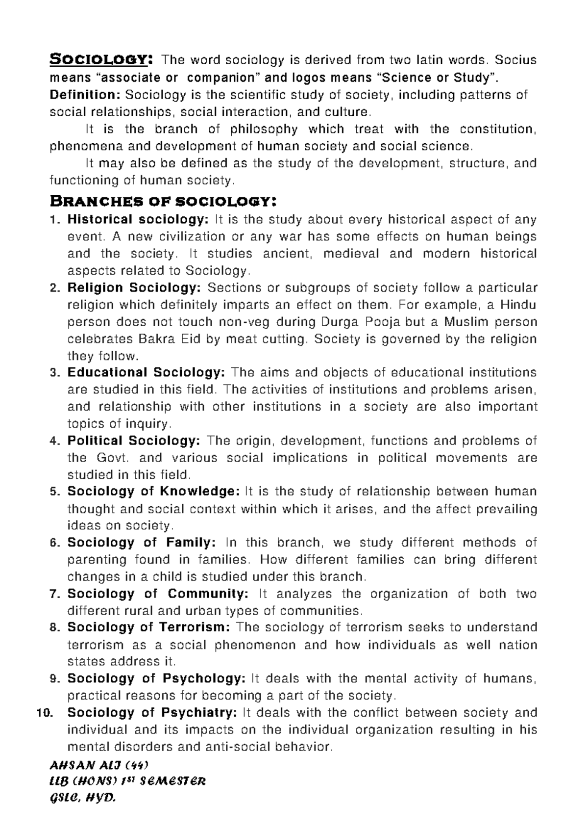 Sociology: Key Concepts and Branches - Important Notes (LLB HONS 1st ...