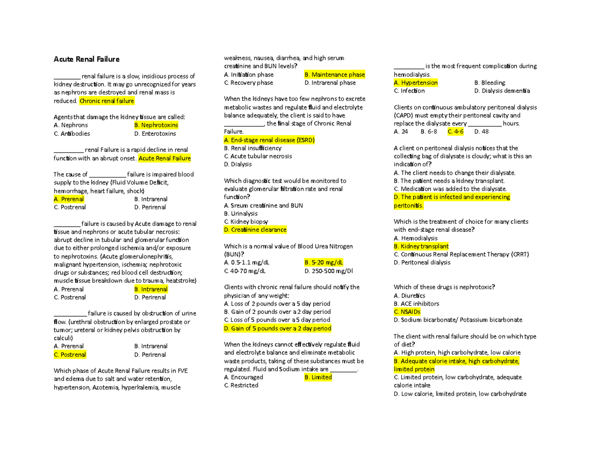Acute Renal Failure - Practice Questions for Nursing Students - Studocu