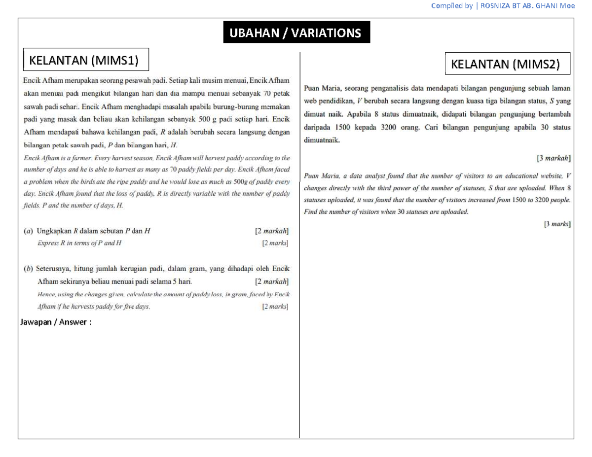 Compiled Variations by Rosniza BT Ab. Ghani (MIMS1 & MIMS2) - Studocu