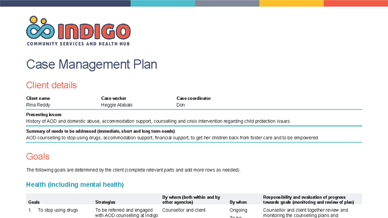 Case Management Plan Update: Client Rina Reddy (AOD Support) - Studocu