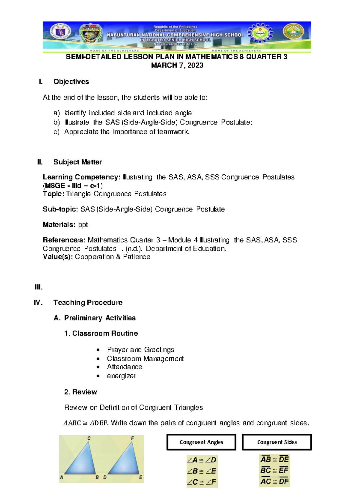 M8GE IIId - e-1: SAS Congruence Postulate Lesson Plan - Quarter 3 - Studocu