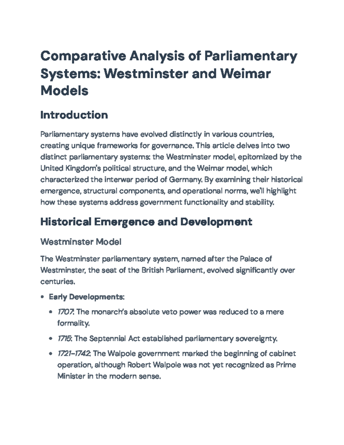 Comparative Analysis of Parliamentary Systems: Westminster & Weimar ...