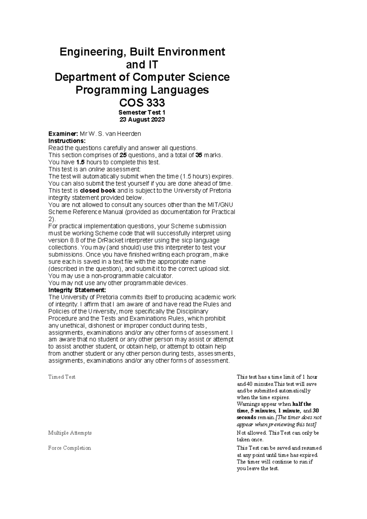 COS Programming Languages Semester Test 1 - 23 Aug 2023 - Studocu
