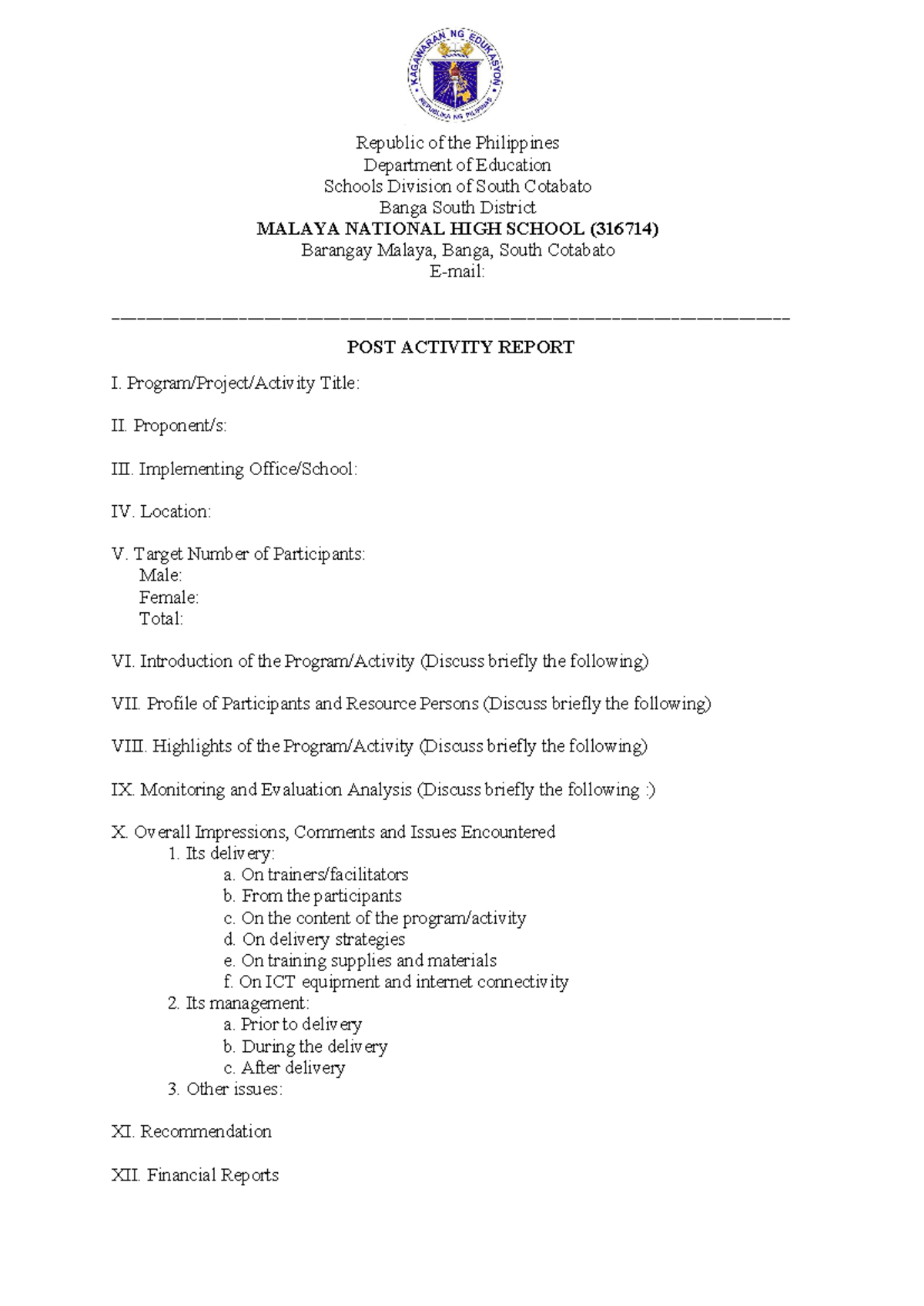 Post-Activity Report Template - Final Copy for Malaya National High ...