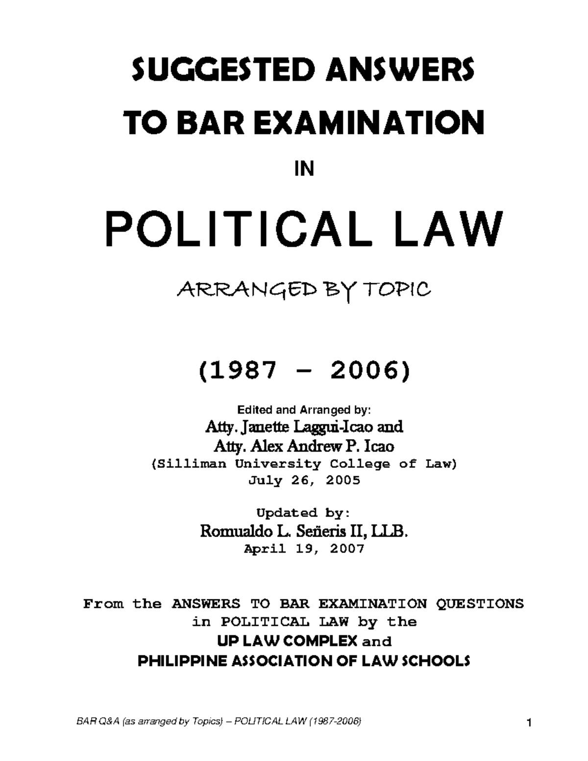 Bar Exam Suggested Answers in Political Law (1987-2006) - Studocu