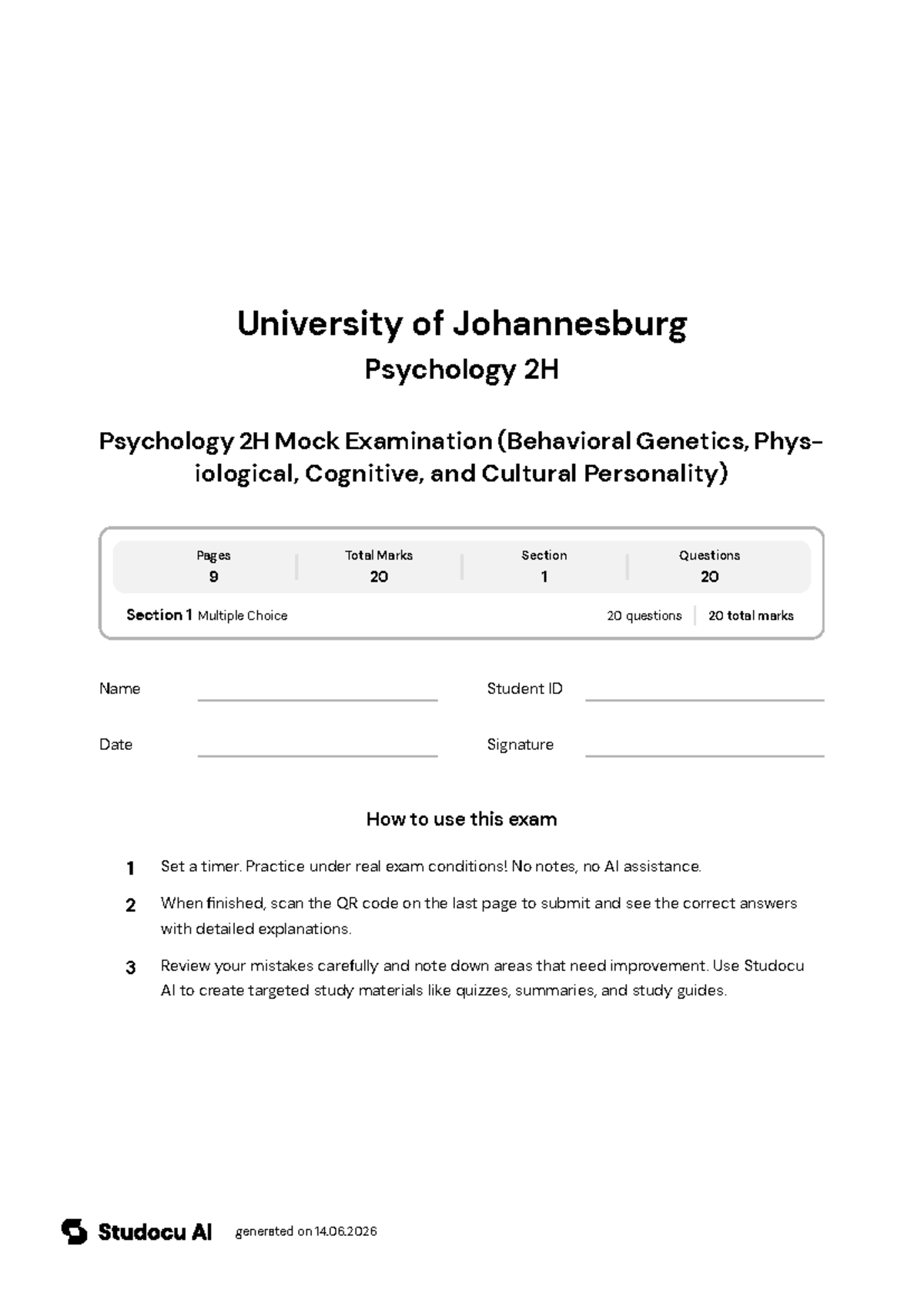 Psychology 2H Mock Exam on Behavioral Genetics and Personality - Studocu