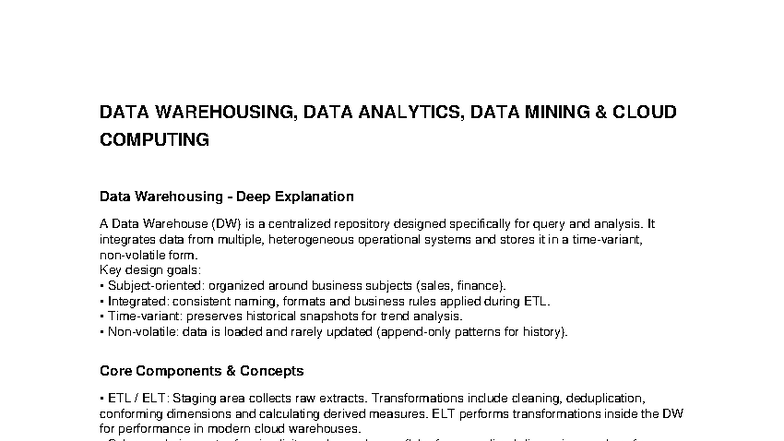 DATA WAREHOUSING & ANALYTICS: Comprehensive Study Notes - Studocu
