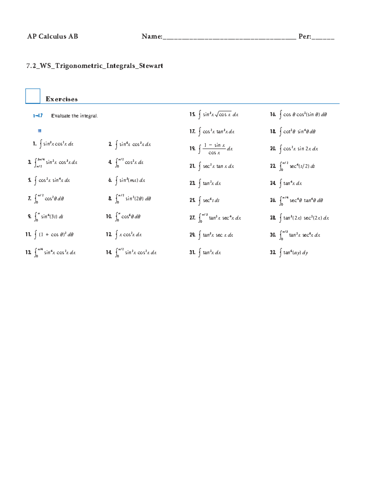 AP Calculus AB 7.2 Worksheet: Trigonometric Integrals Exercises - Studocu