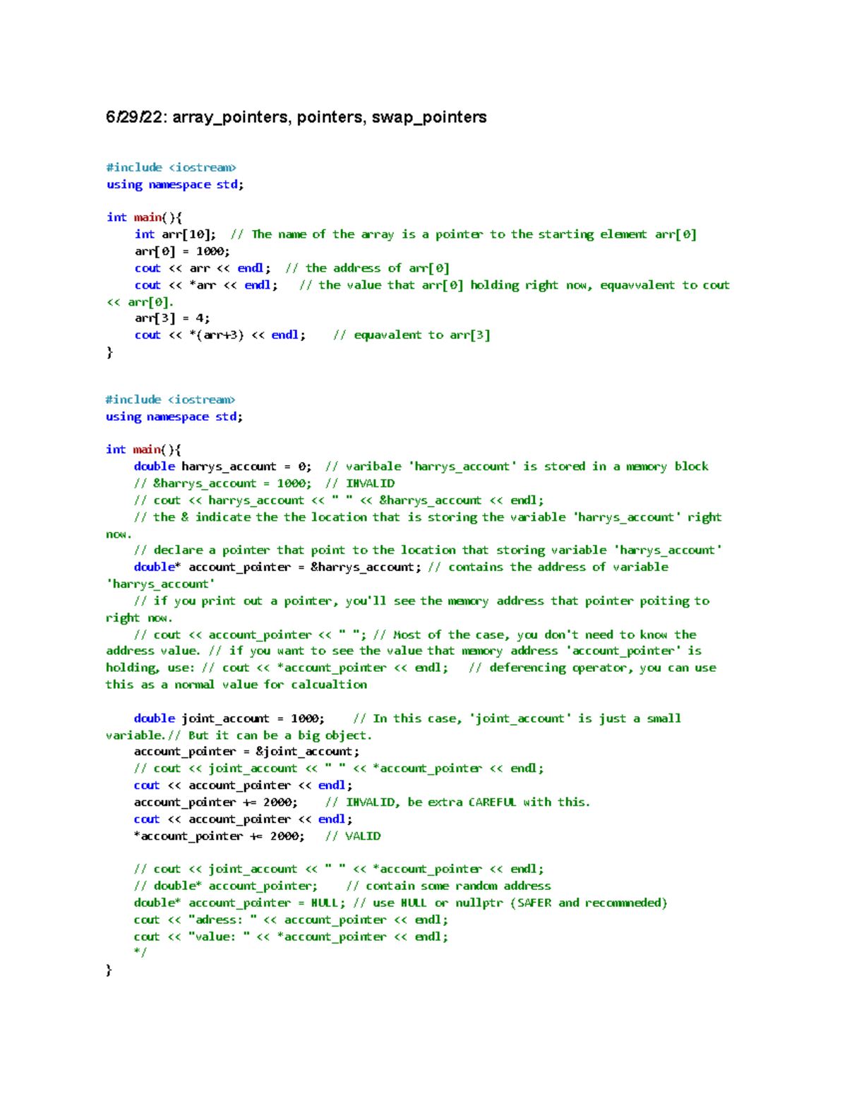 Csci 135 Lecture Notes Class 7 Array Pointers Pointers Swap