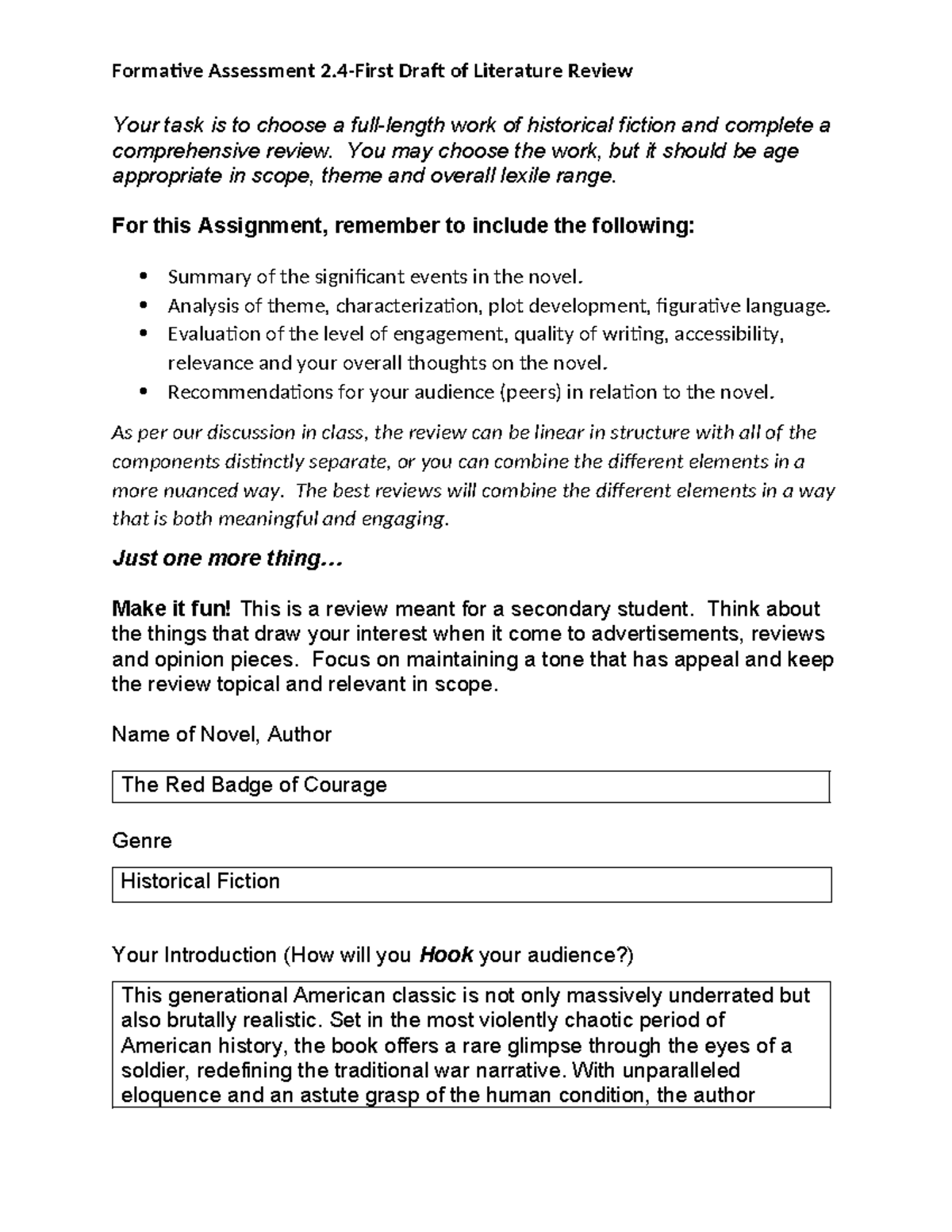 Formative Assessment 2.4: Literature Review of "The Red Badge of ...