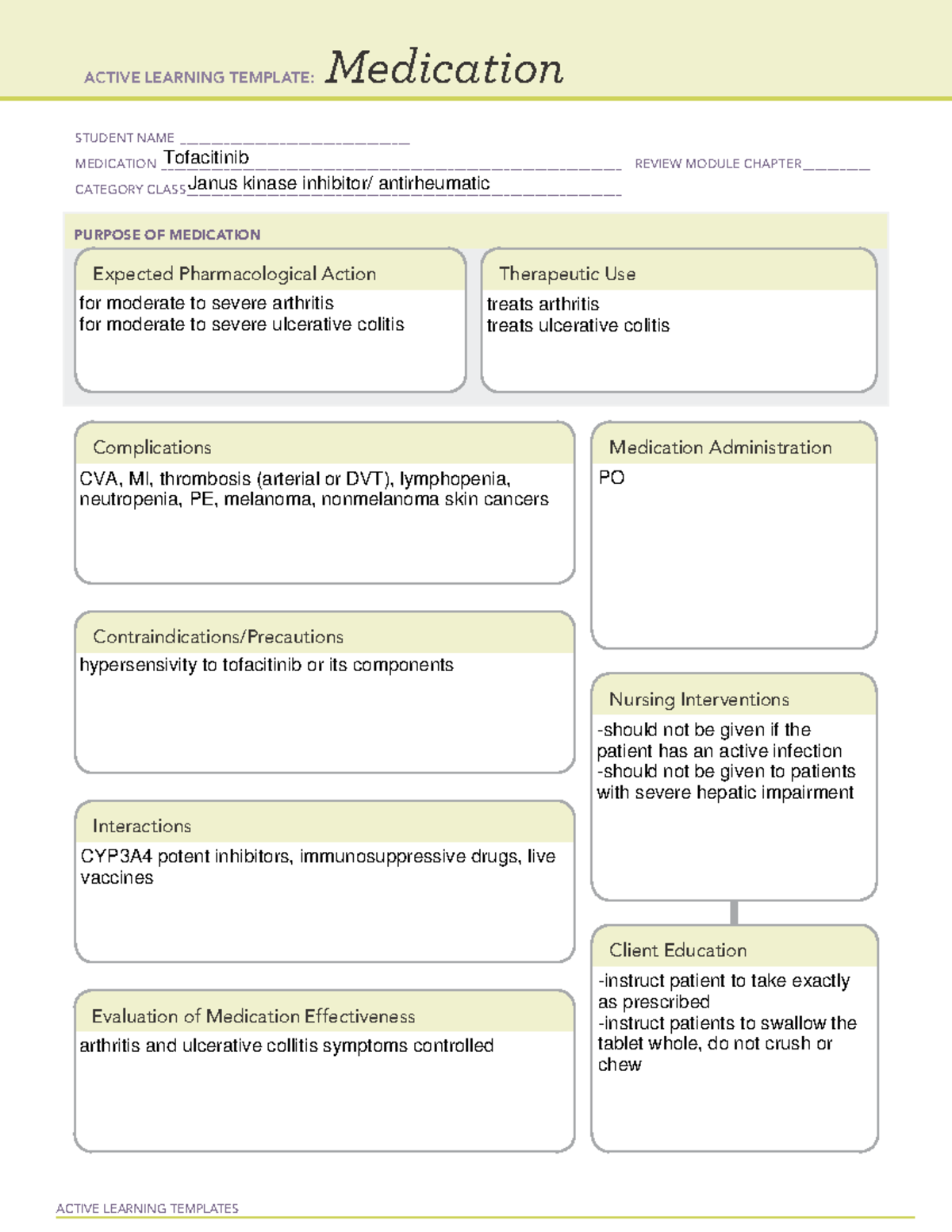 Tofacitinib - ATI Medication Active Learning Template - Studocu