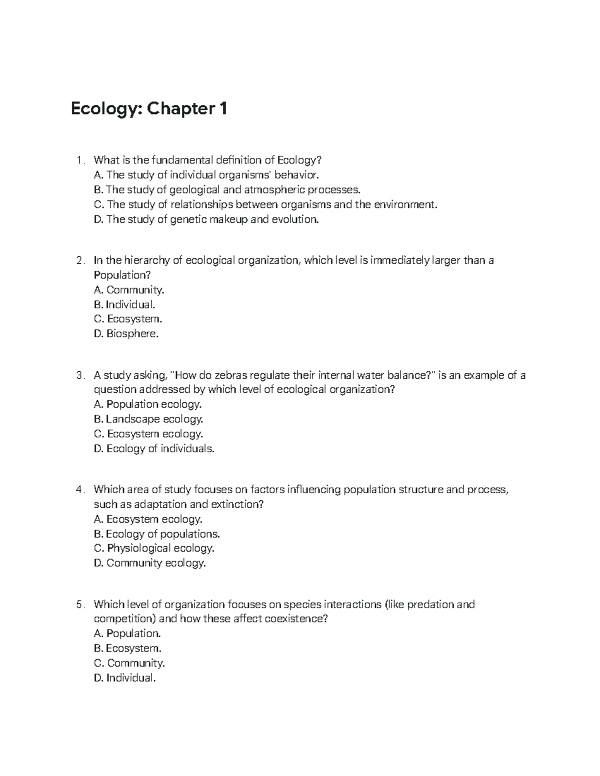 Ecology: Unit 1 Multiple Choice Questions and Answers - Studocu
