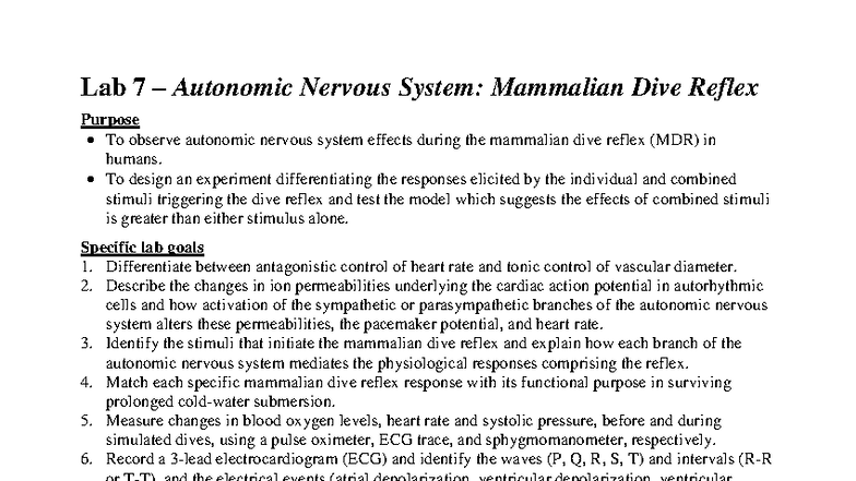 Lab 7: Exploring the Mammalian Dive Reflex and Autonomic Responses ...