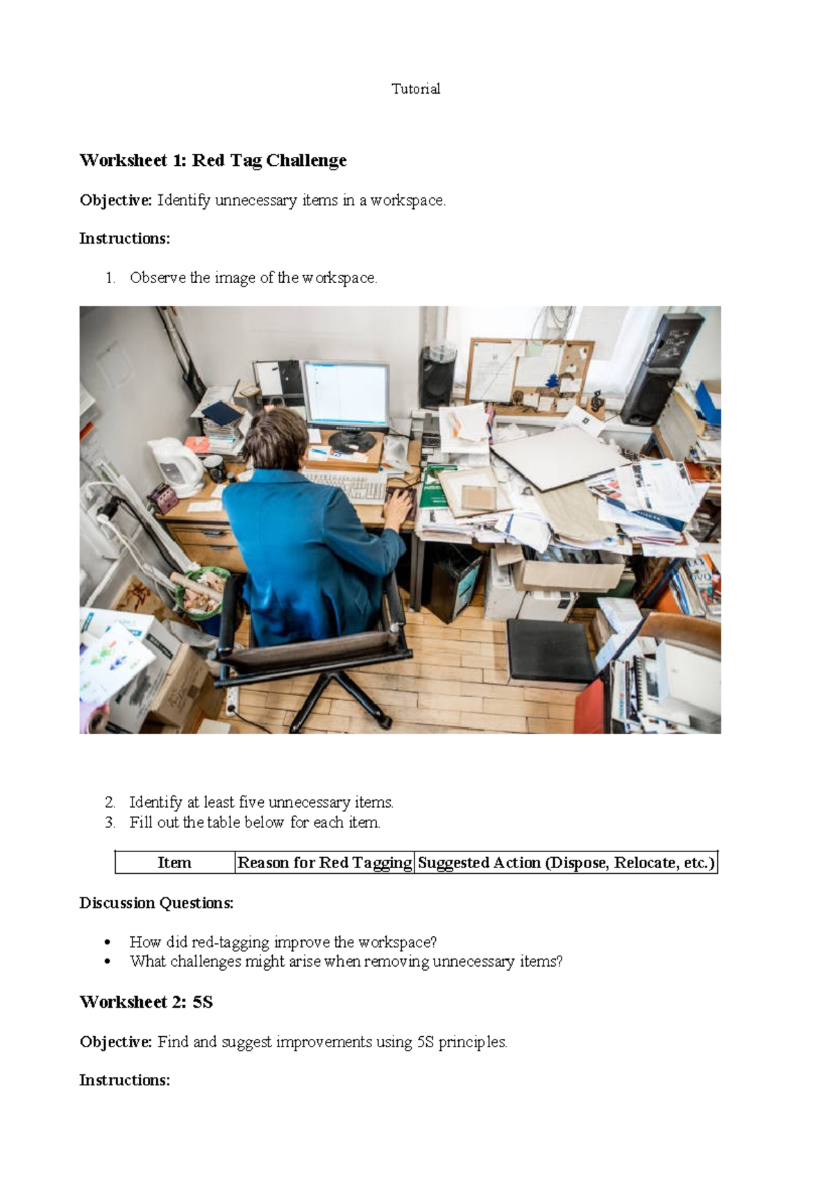 5S and Visual Management: Tutorial Worksheets Overview 33958414 - Studocu