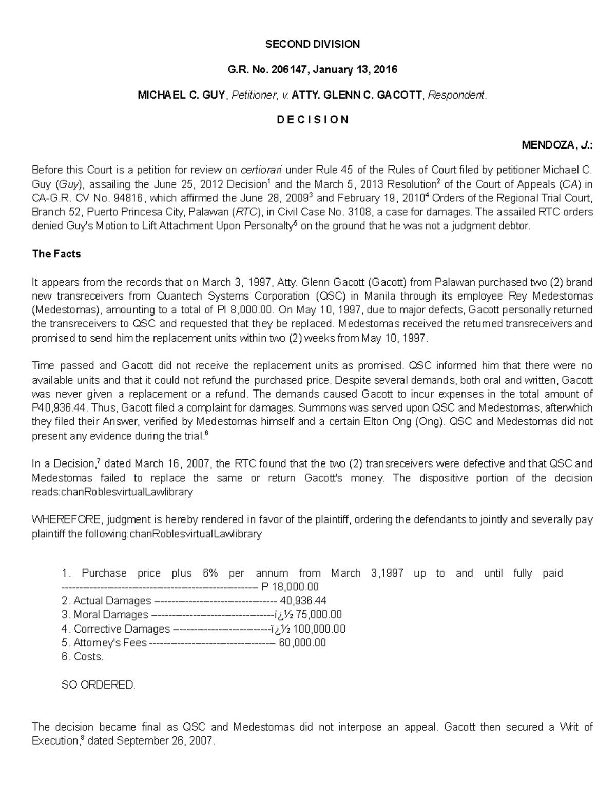 G.R. No. 206147: Guy v. Gacott Case Review and Decision Analysis - Studocu