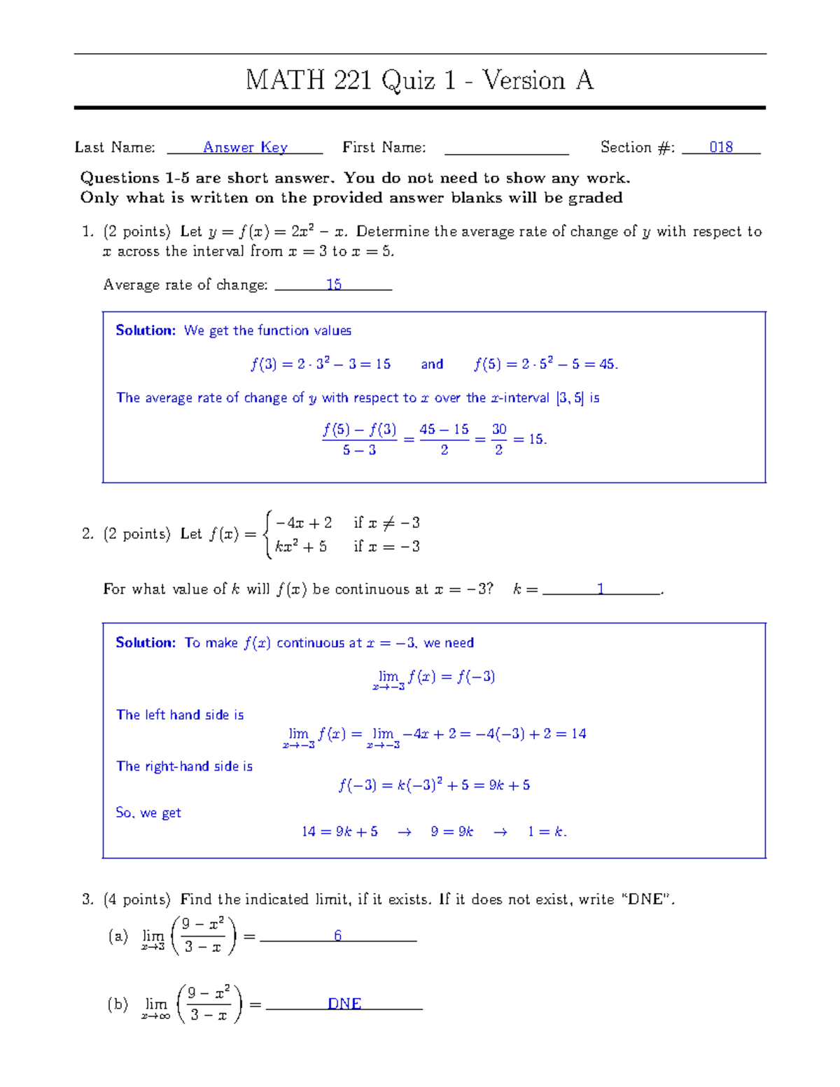 F24 MATH221 018 Quiz1A Solution - MATH 221 Quiz 1 - Version A Last Name ...