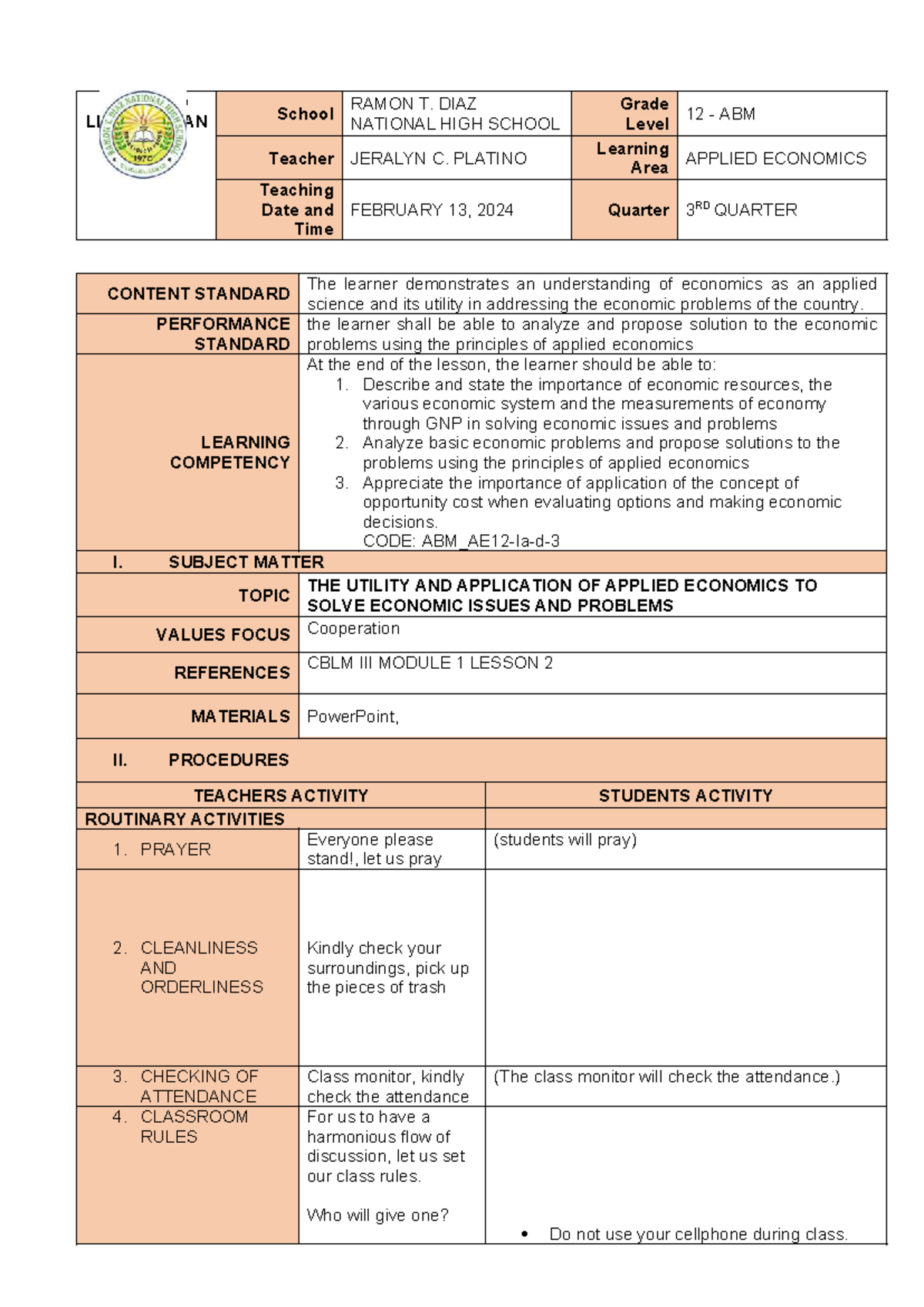 Grade 12 ABM Applied Economics Lesson Plan - Q3 2024 - Studocu