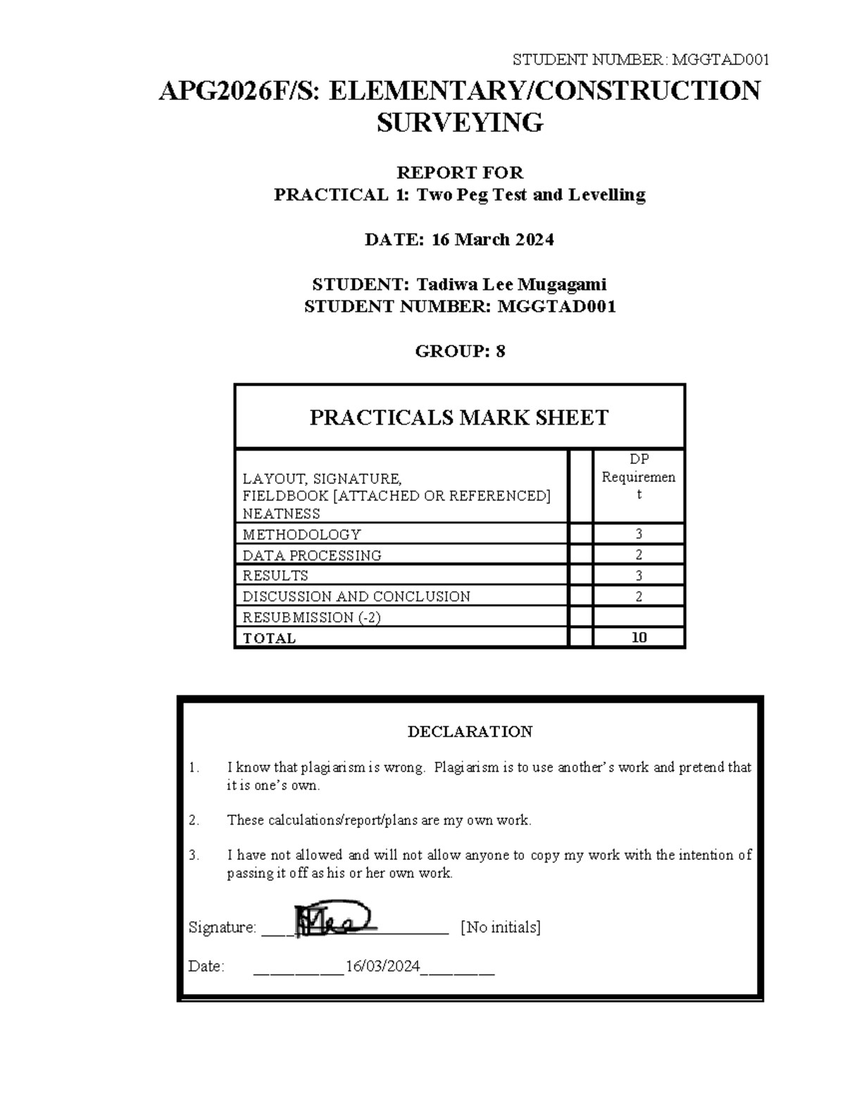 MGGTAD001 Practical Report: Two Peg Test & Levelling Analysis - Studocu