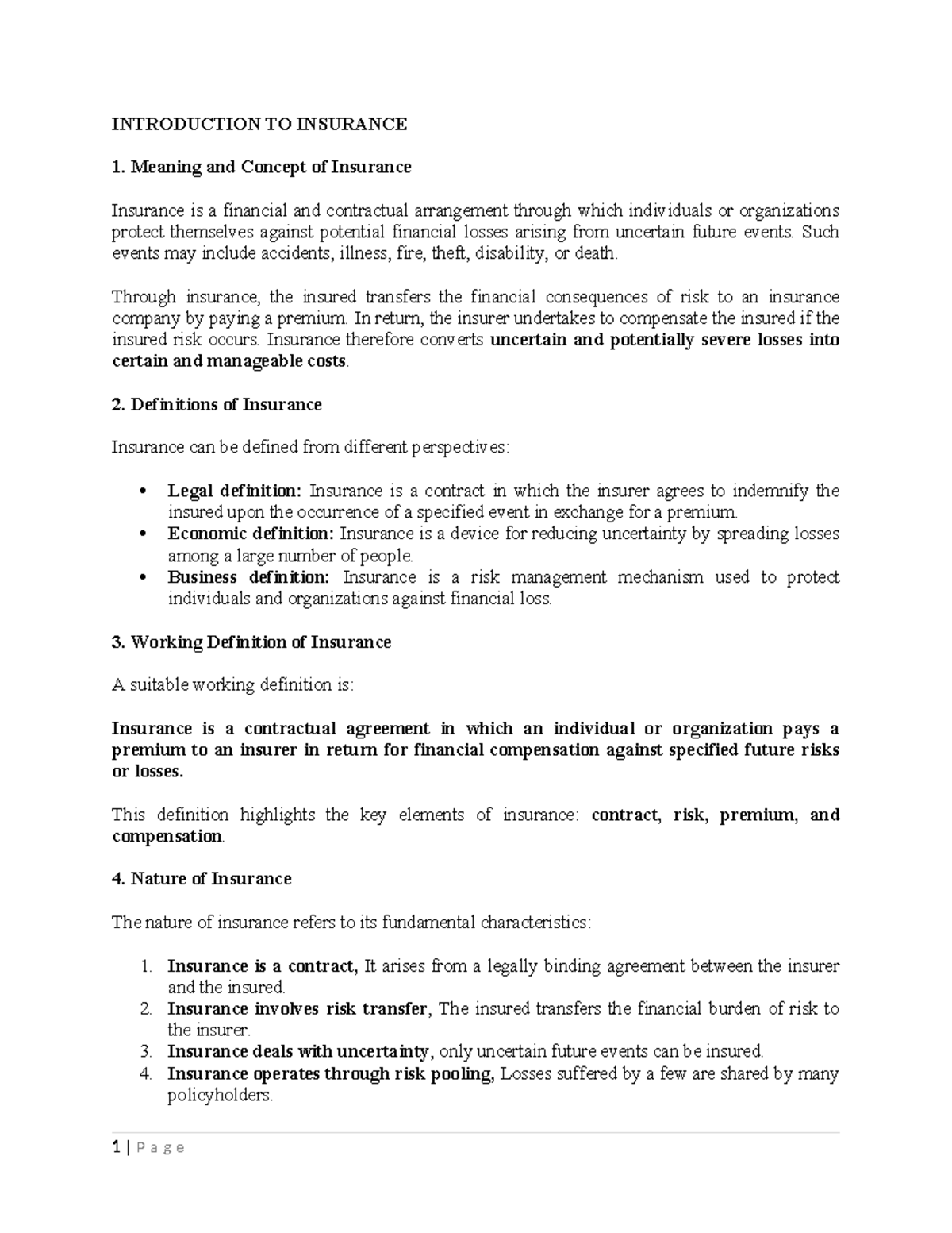 L1 Introduction to Insurance: Concepts, Nature, and Importance - Studocu