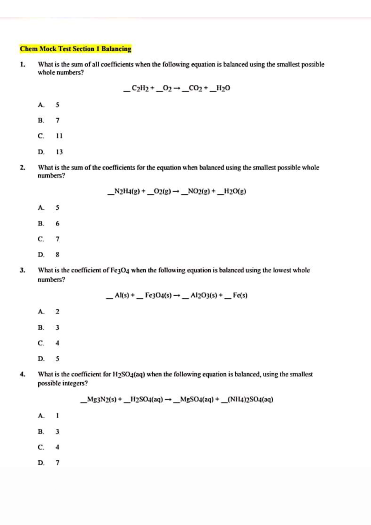 Chem 101 Mock Test - Balancing Equations & Basic Concepts - Studocu